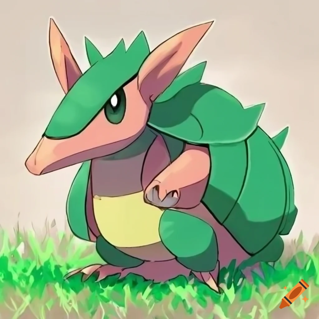 Adorable armadillo grass type starter Pokemon with leaf shield on Craiyon