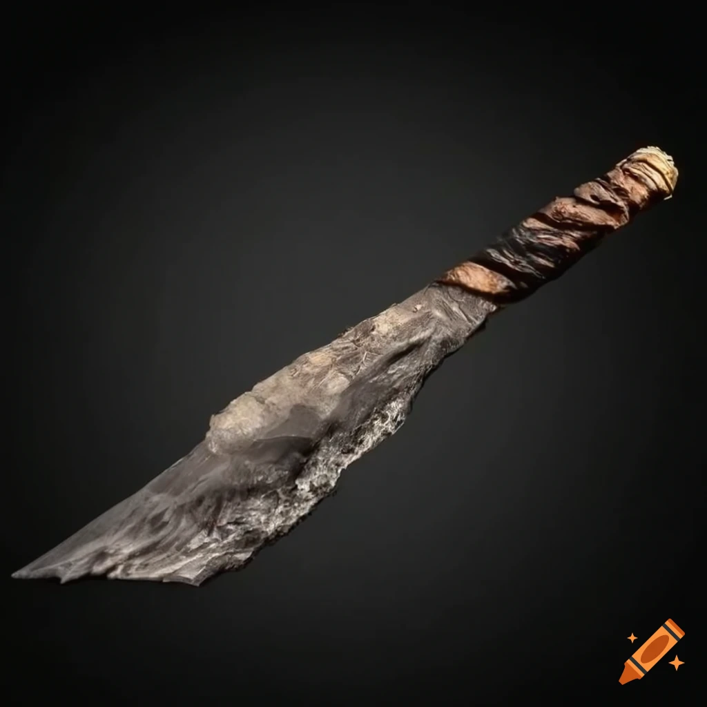 Obsidian long broken-back seax blade with a dark cloth-wrapped grip on ...