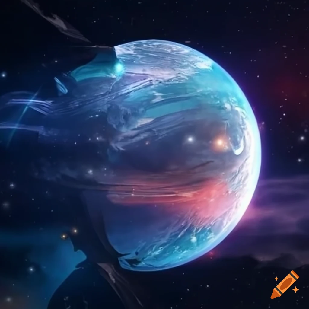 Glass city starship drifting through space surrounded by celestial bodies on Craiyon