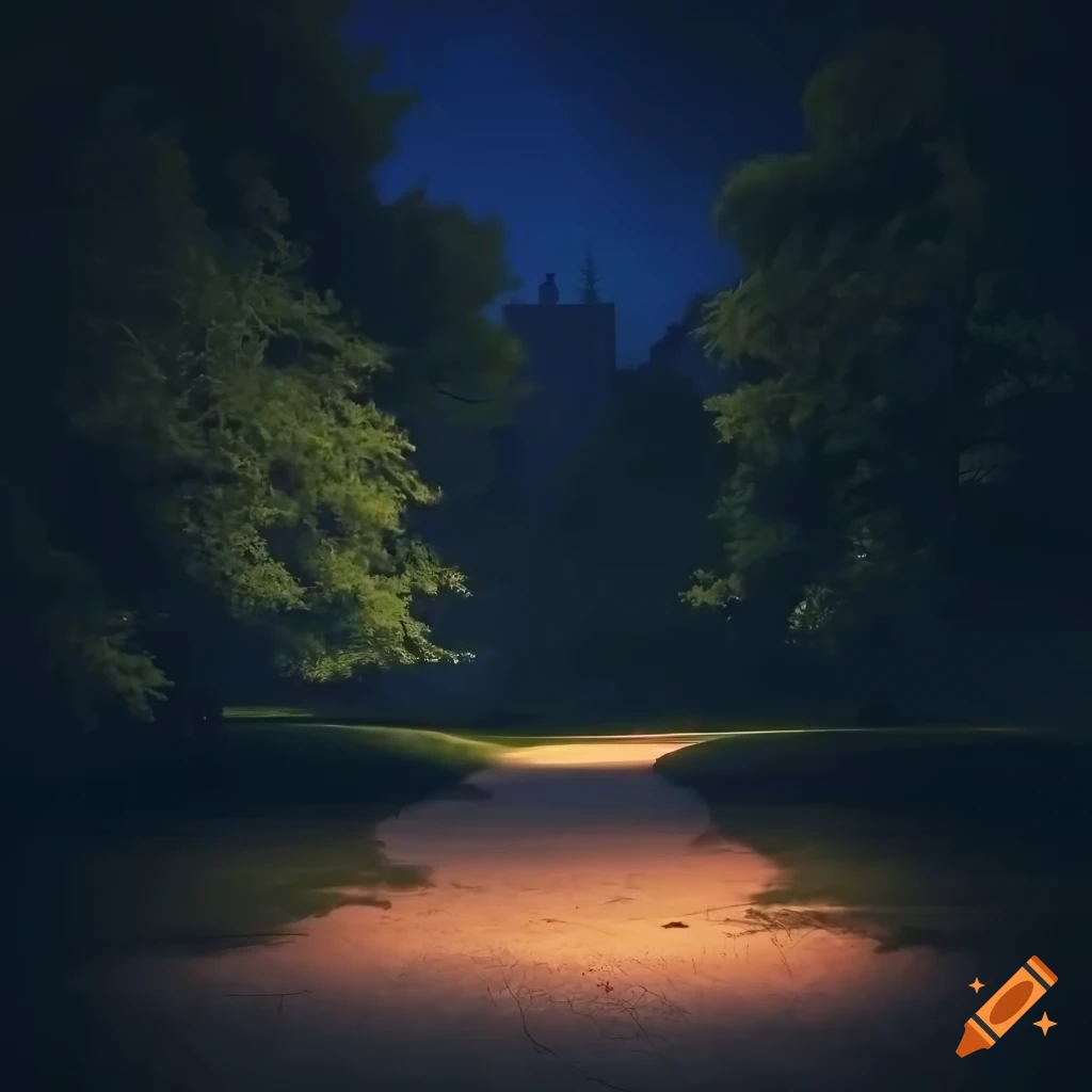 Dark park with oak treeline and metal bench at night on Craiyon