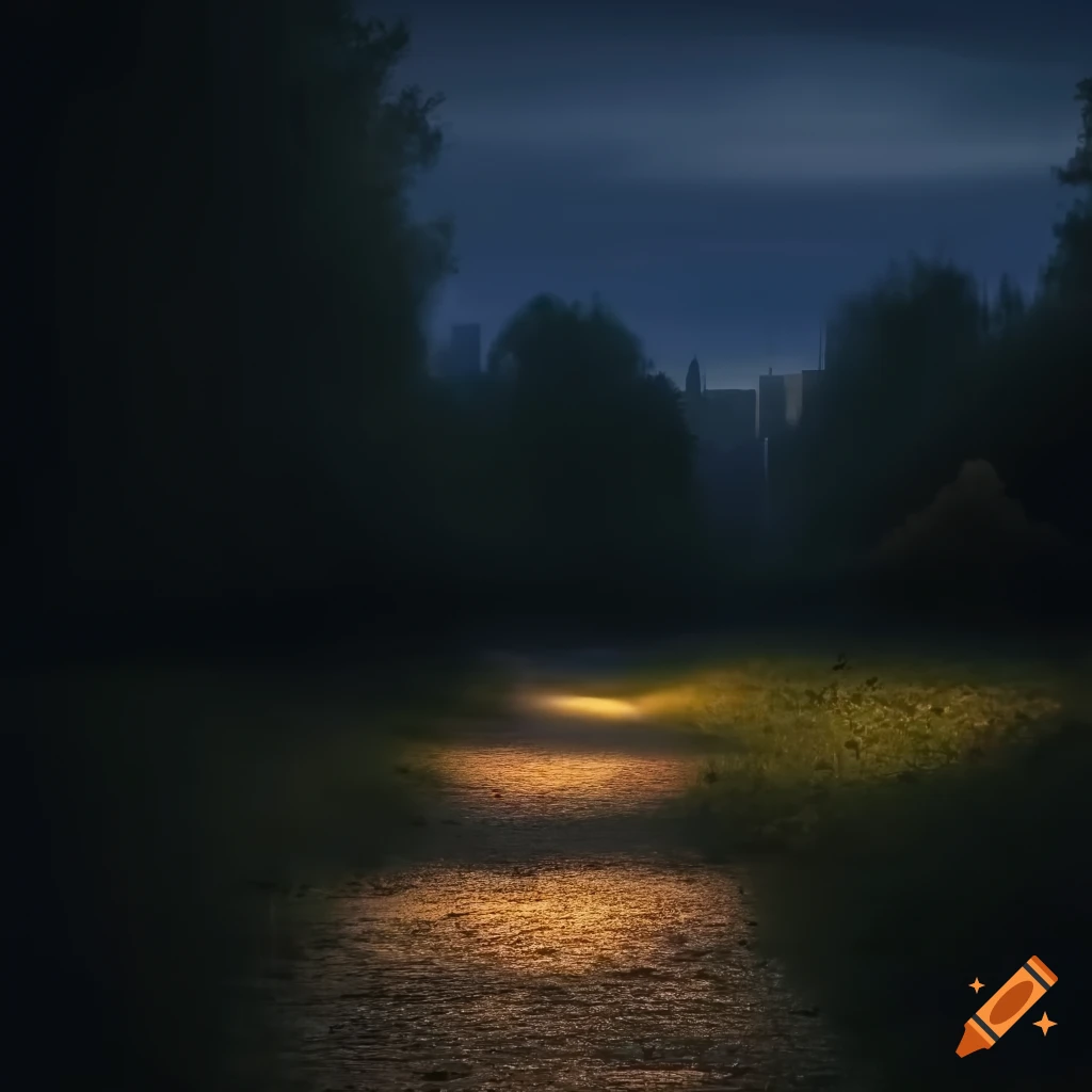 Dark park with oak trees and city skyline in the background at night on ...