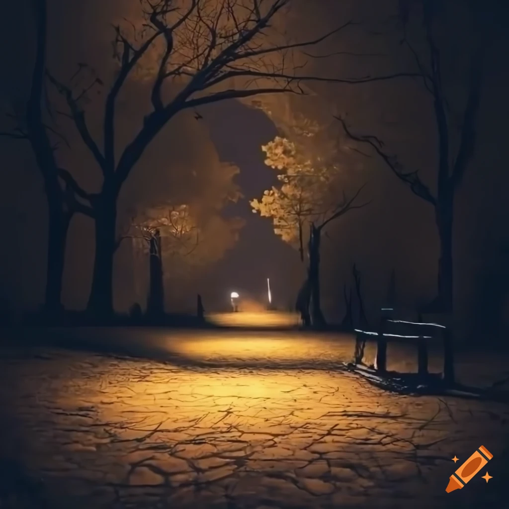 Dark park with oak trees and city skyline in the background at night on ...