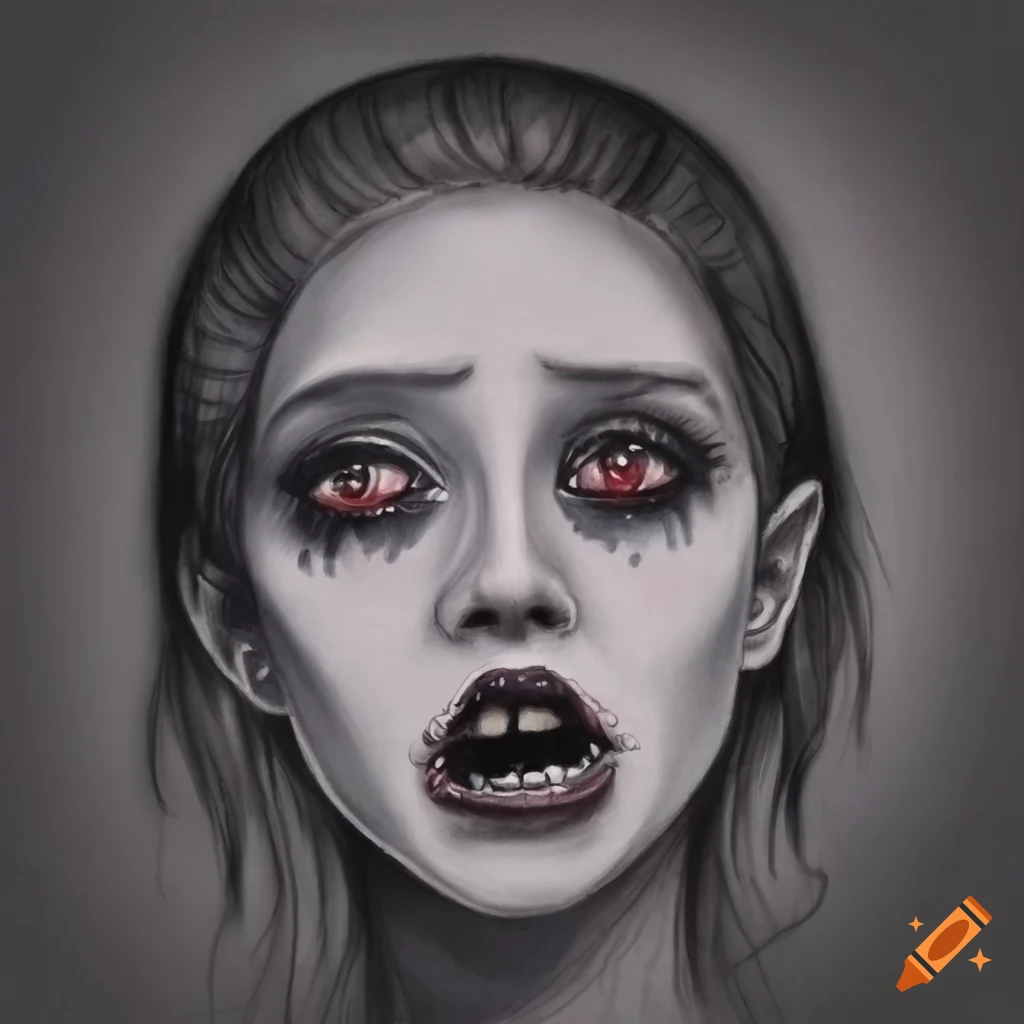 Ink drawing of a girl with black eyes and unique teeth by junji ito on ...