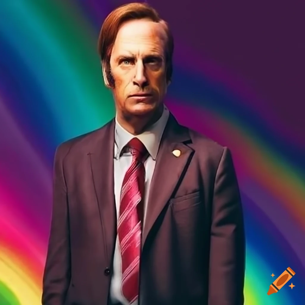 Saul Goodman walking on Rainbow Road on Craiyon