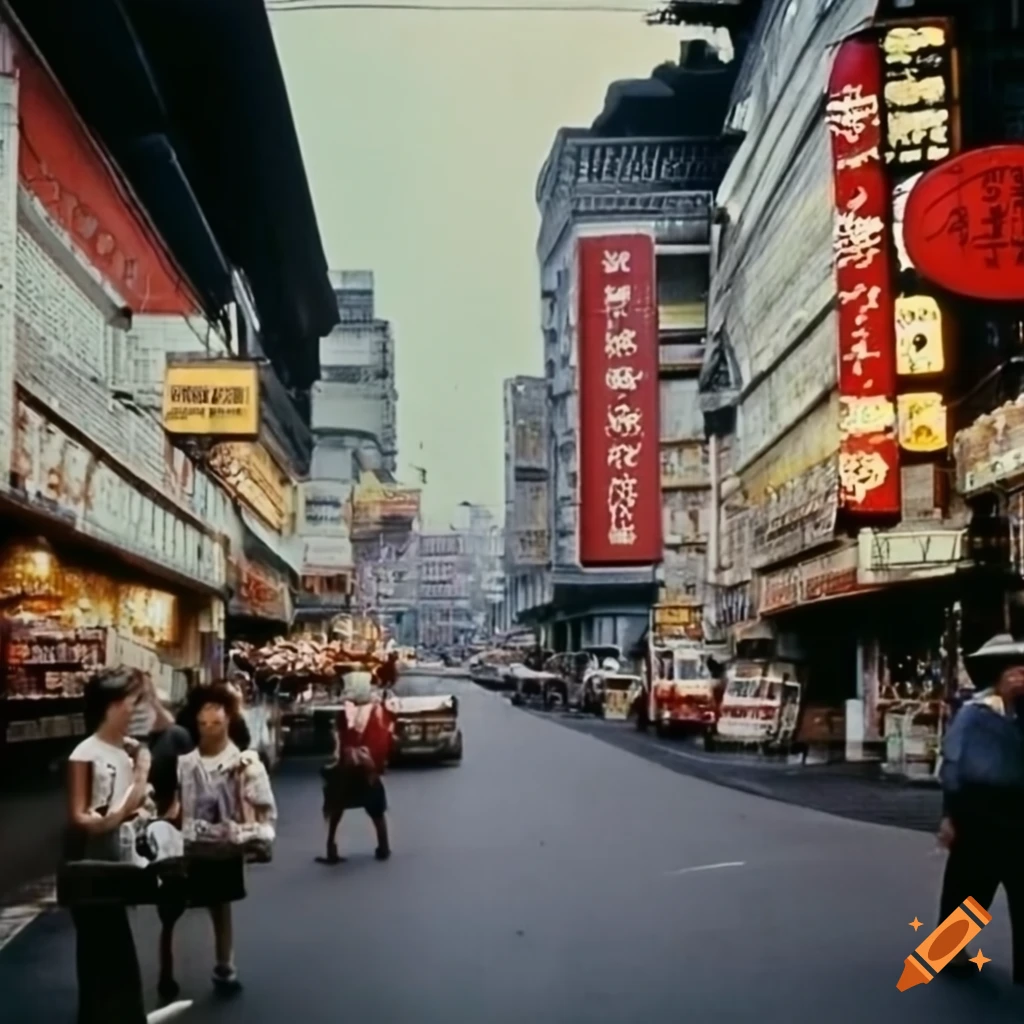 1979 magic hour shot of a grocery store in Taipei City suburb with lens ...