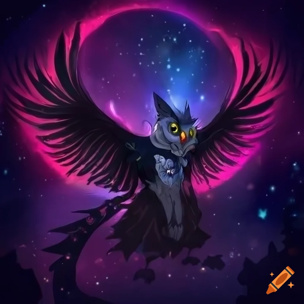 Astronomy-themed raven owl hybrid demon character in ethereal fantasy ...