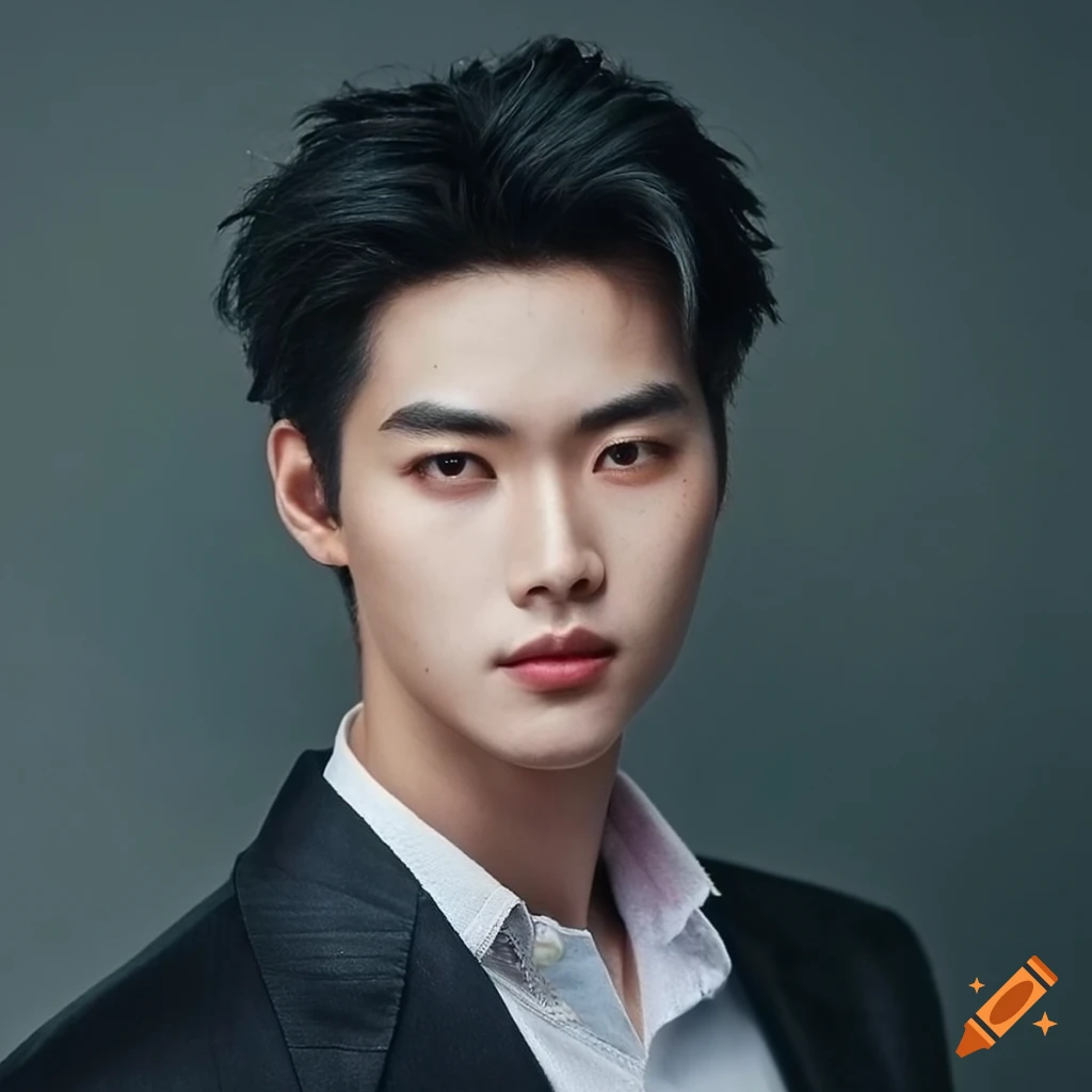 Portrait of a charming Asian man with sharp eyes and sculpted ...