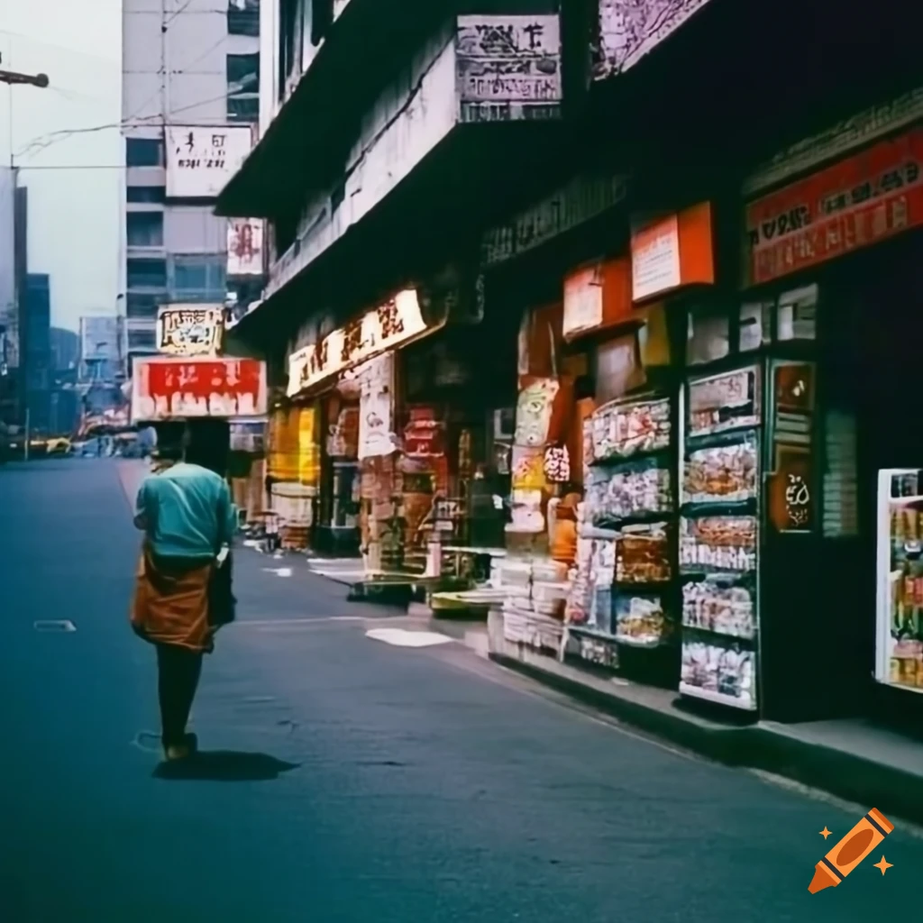 1979 magic hour shot of a grocery store in Taipei City suburb with lens ...