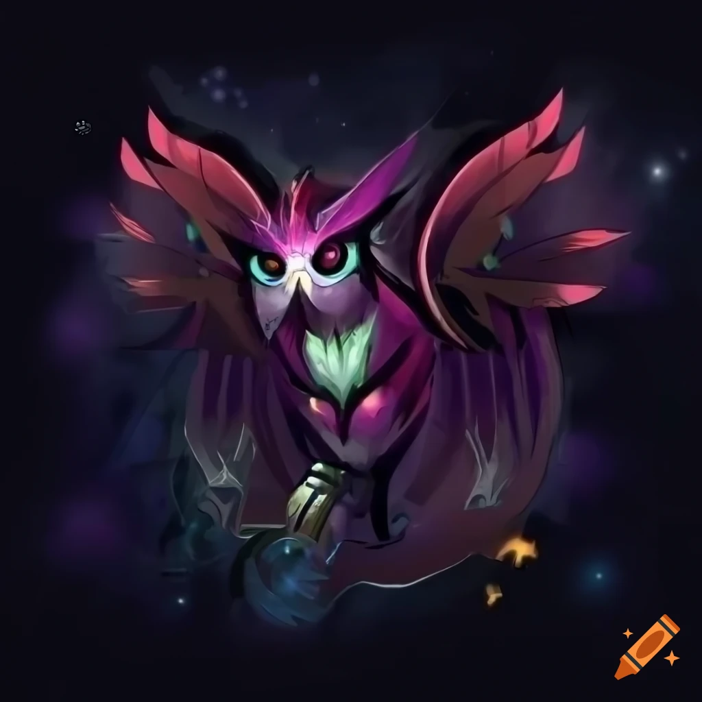 Heavenly demon character with Astronomy-themed Raven Tyto Owl hybrid in ...