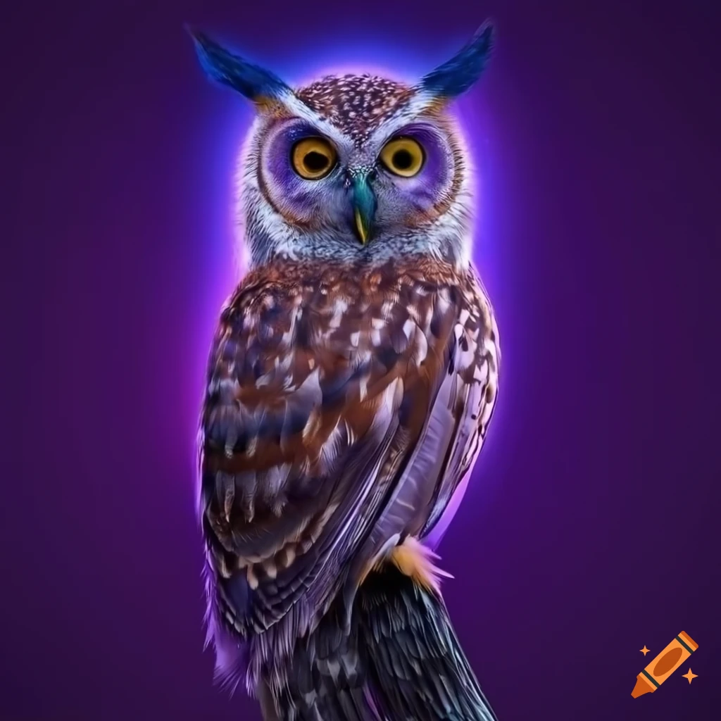 Intricately detailed 3d rendering of an elegant owl with purple eyes on ...