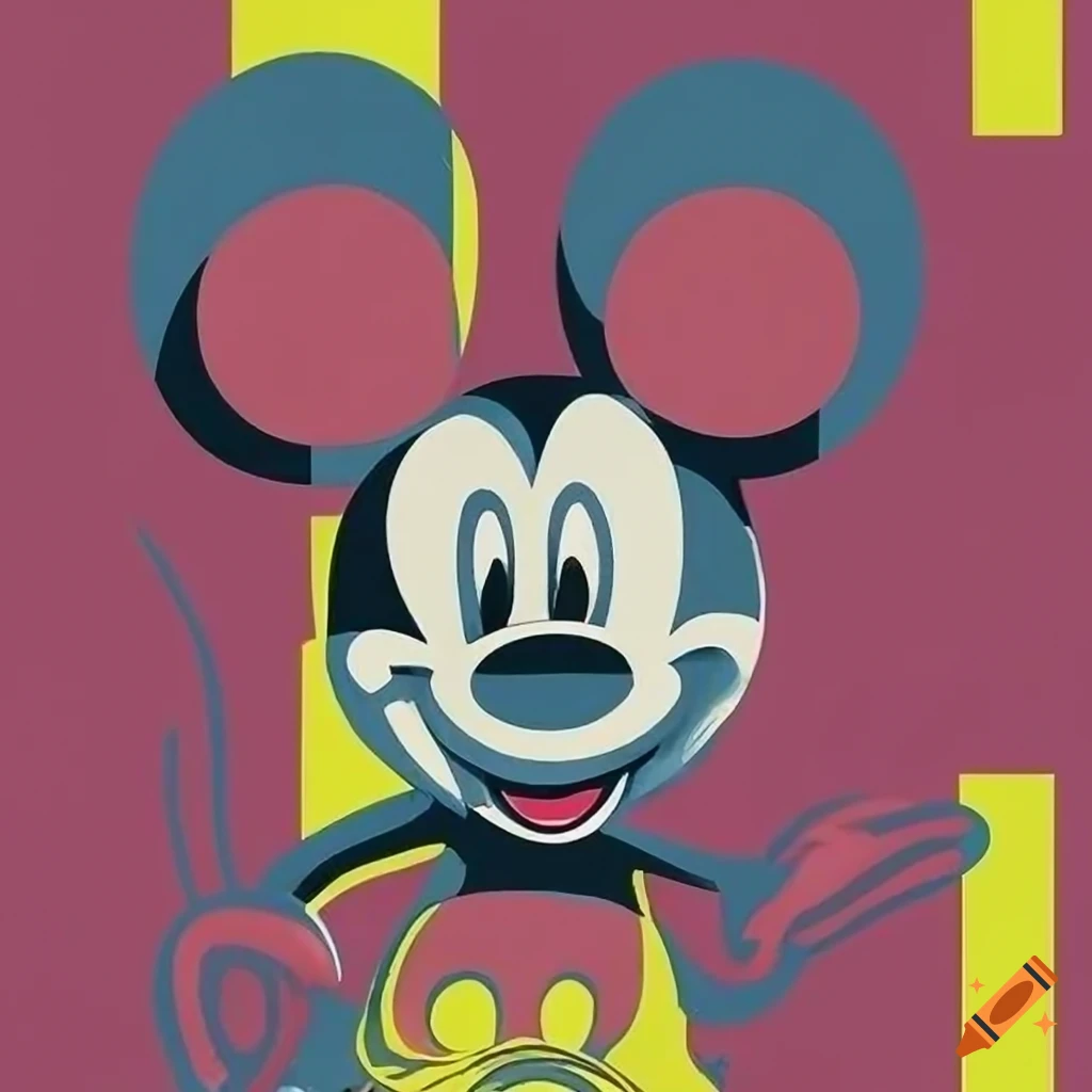 Pop art portrait of Mickey Mouse in red, white, yellow, and black color ...