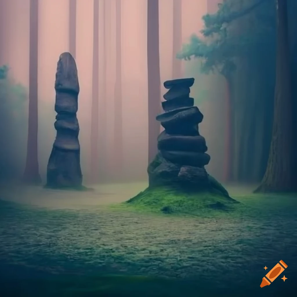 Mystical forest landscape with primitive stone towers in the fog on Craiyon