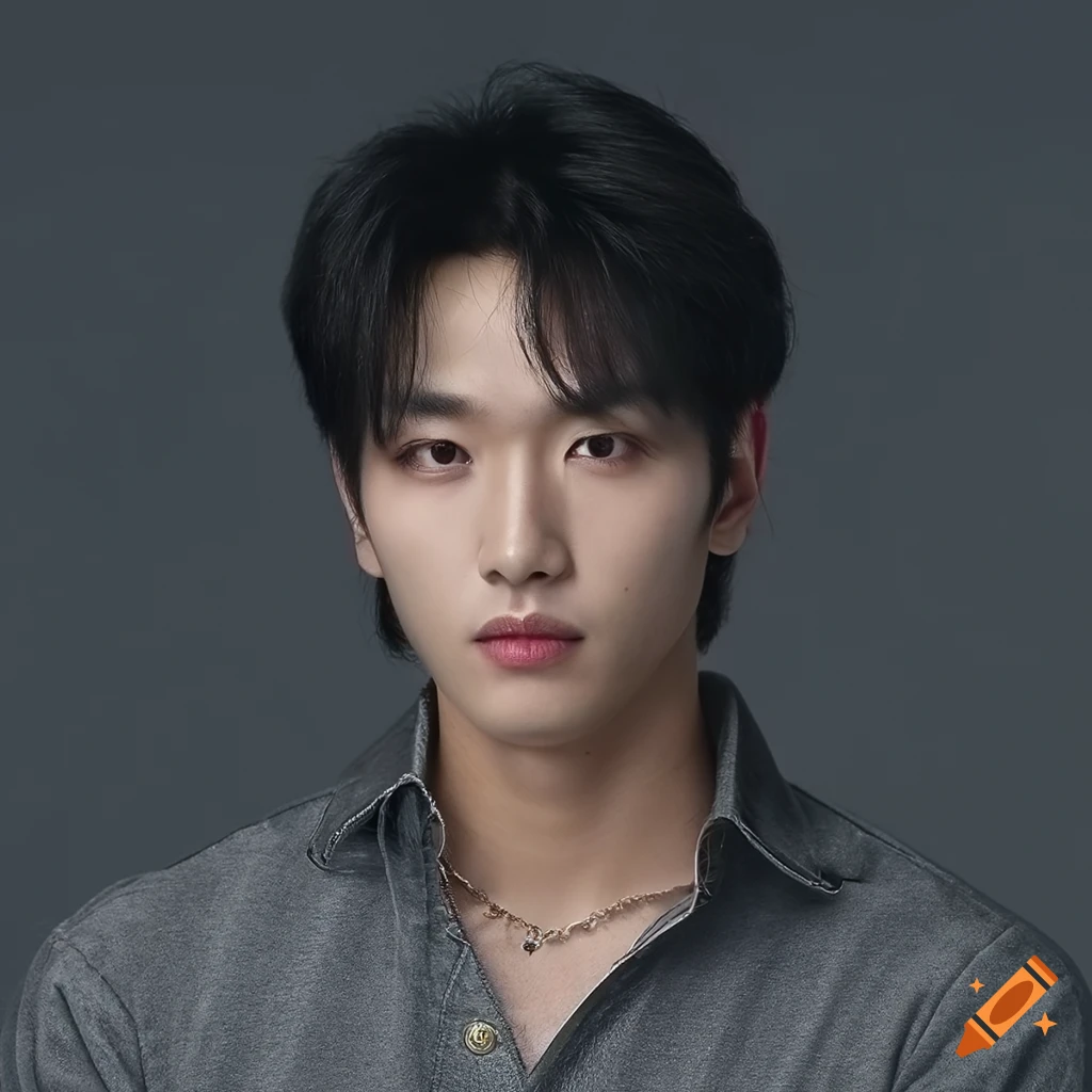 Asian man with sharp eyes and sculpted cheekbones in casual attire on ...