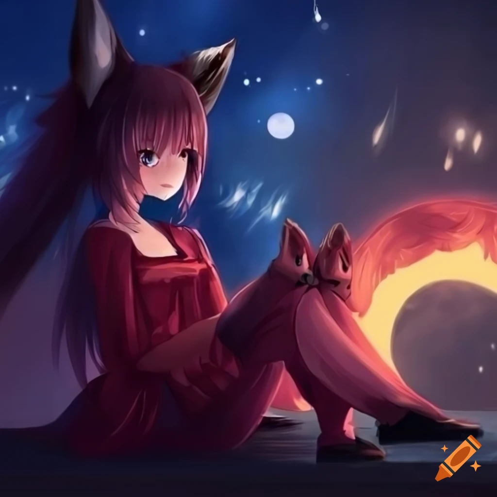 Melancholy flaming anime fox girl with cyan eyes under moonlight on Craiyon