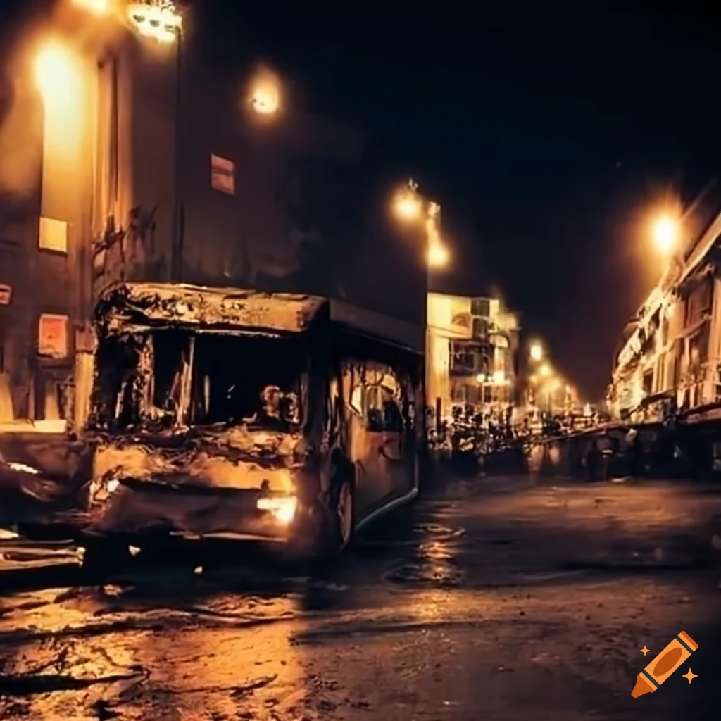 Street scene with a burned bus on the road on Craiyon