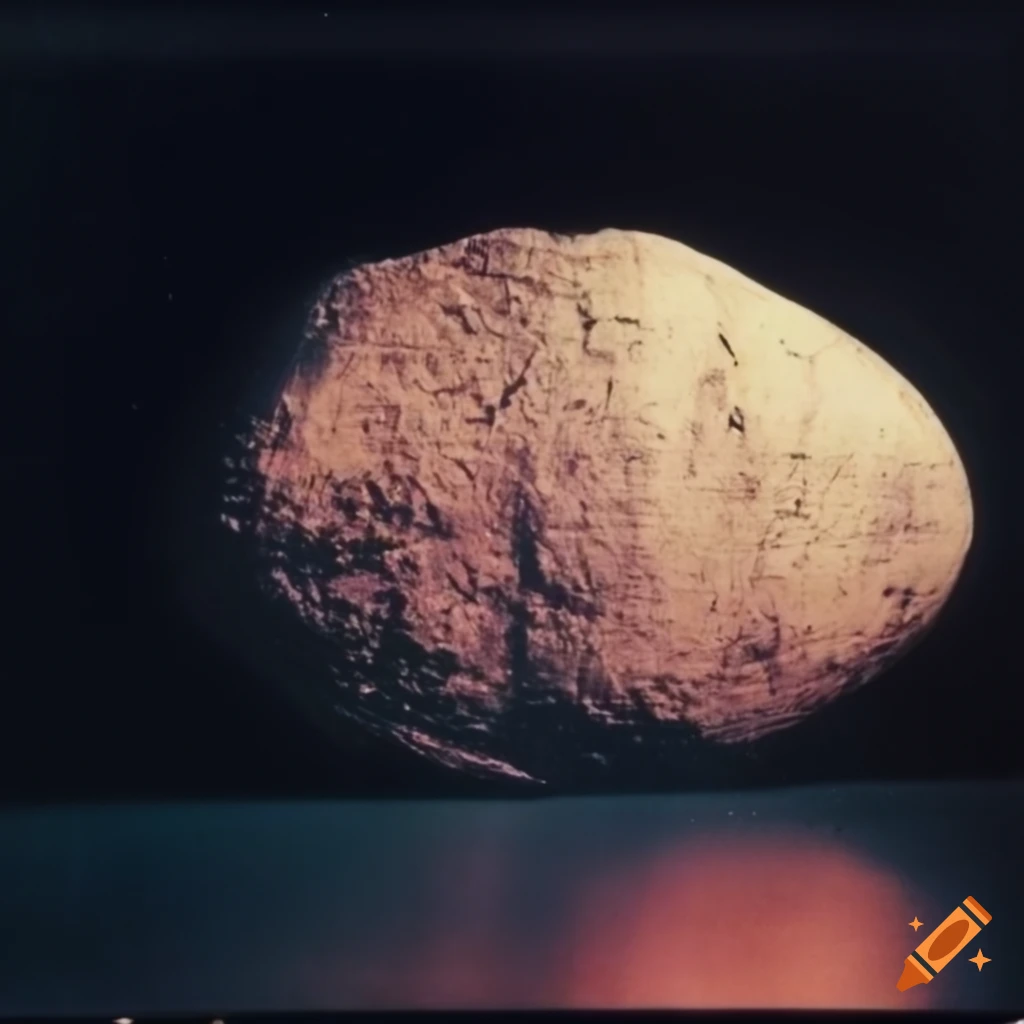 Vintage analog photo of a huge stone in space with light leak and grain ...