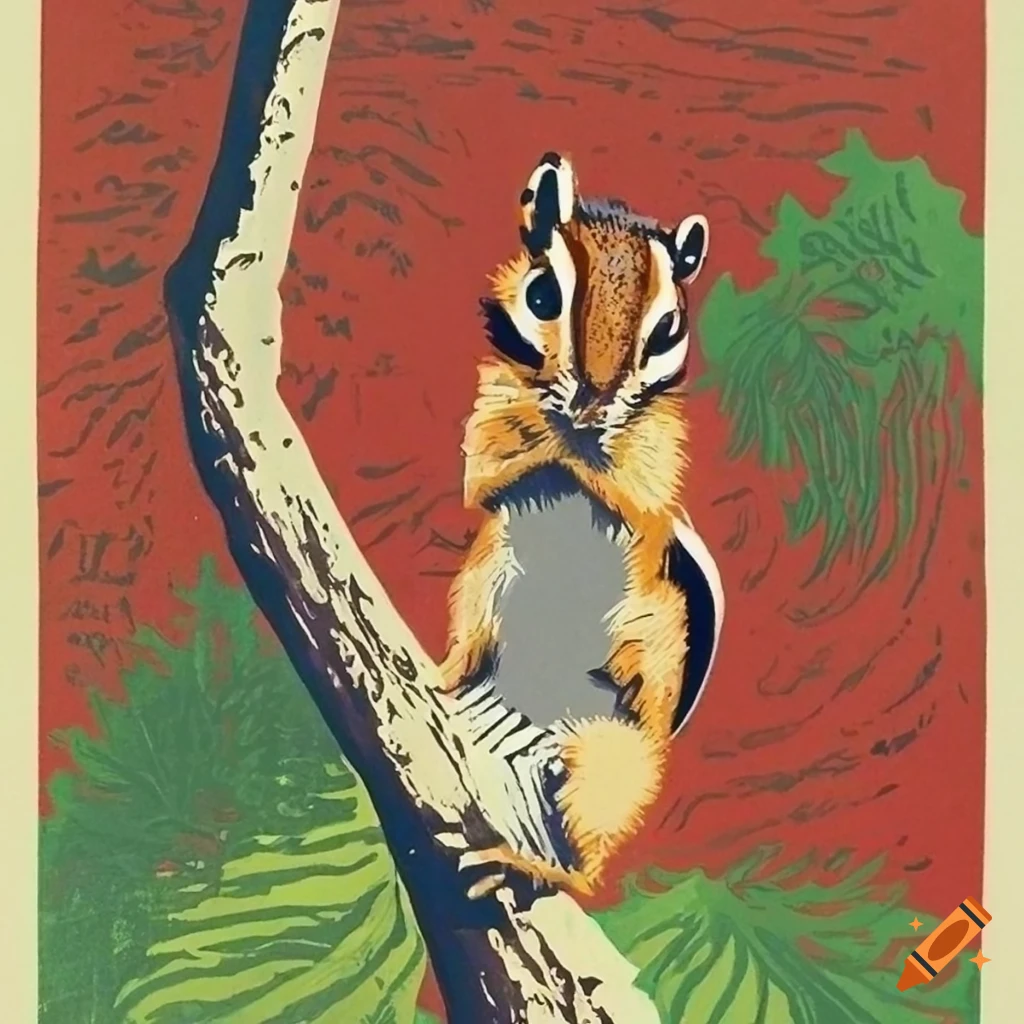 Vintage poster art of a chipmunk on a tree on Craiyon