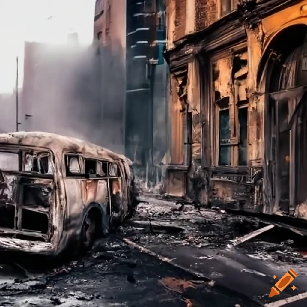 Street scene with a burned bus on the road on Craiyon