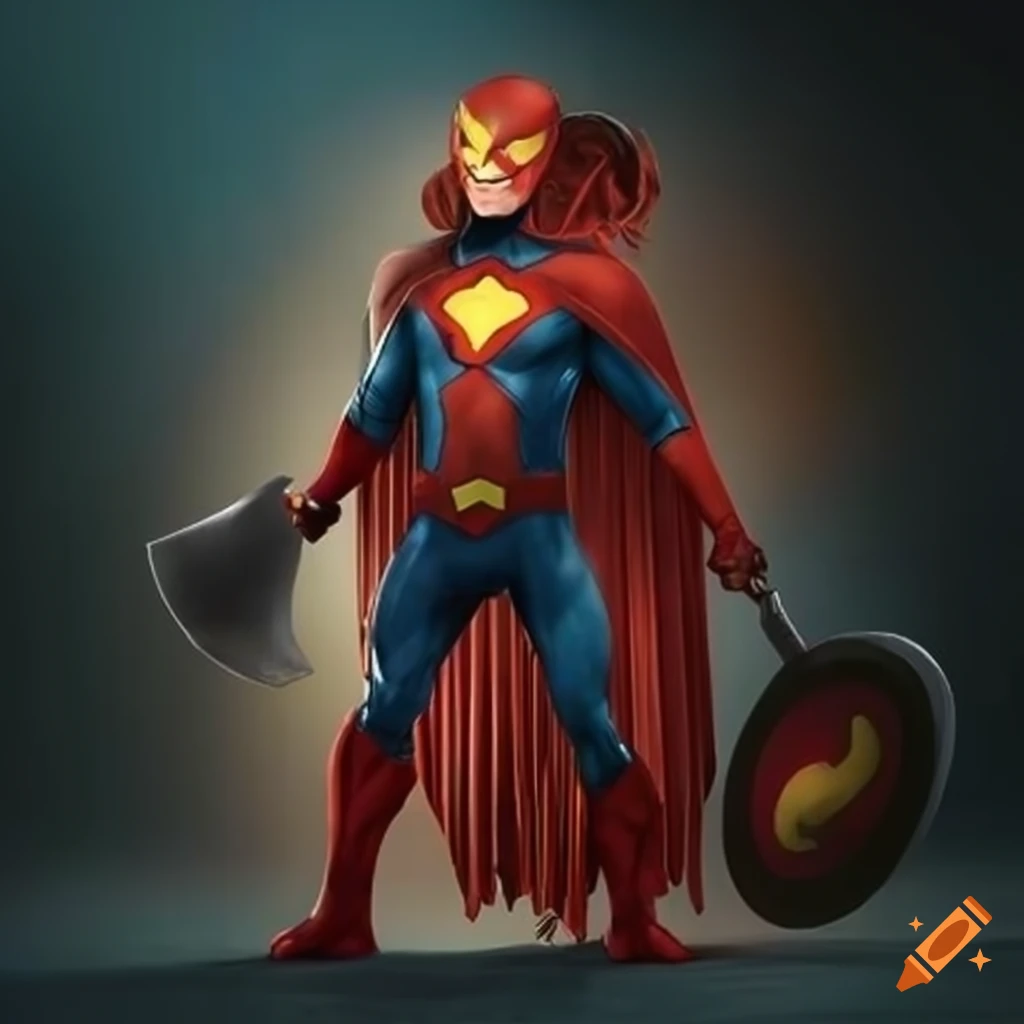 Superhero with a giant spoon shield and weapon on Craiyon