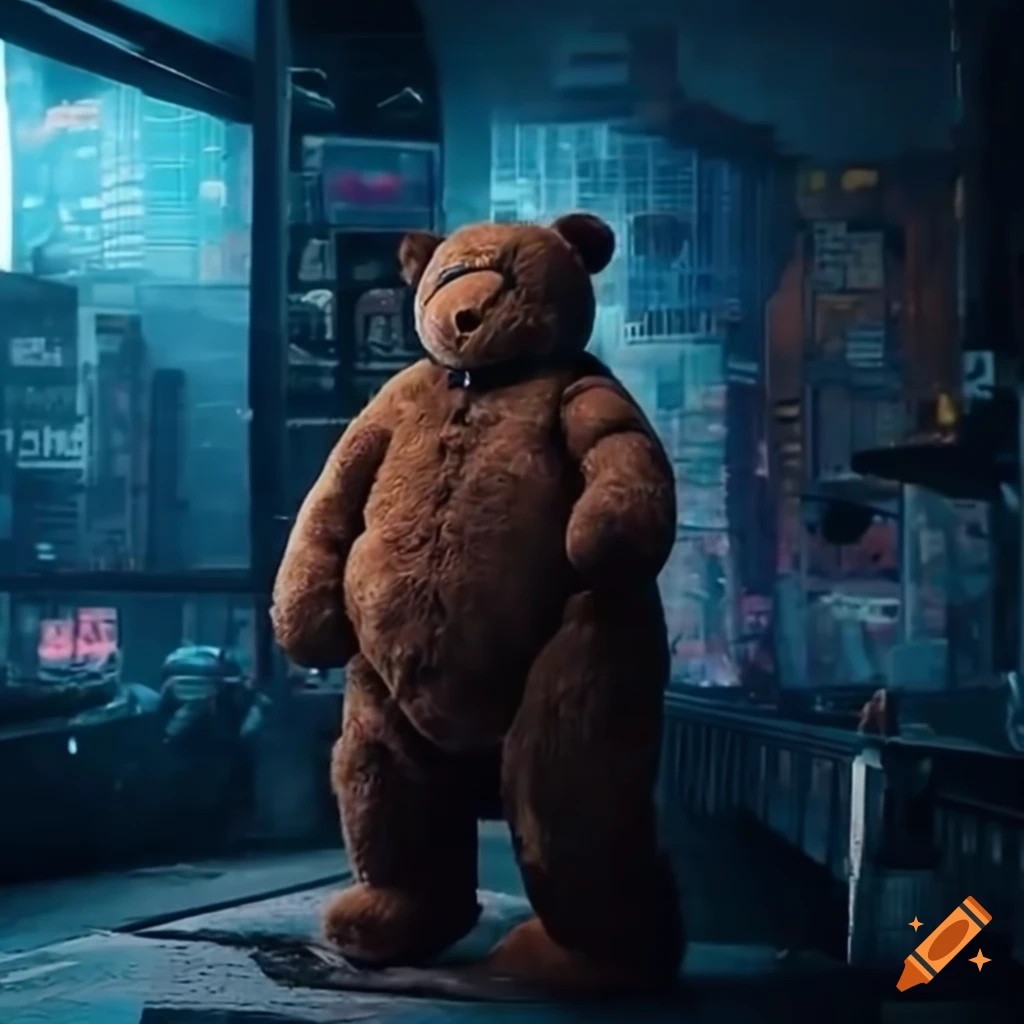 Emmanuel macron boxing a teddy bear in a cyberpunk urban setting on Craiyon