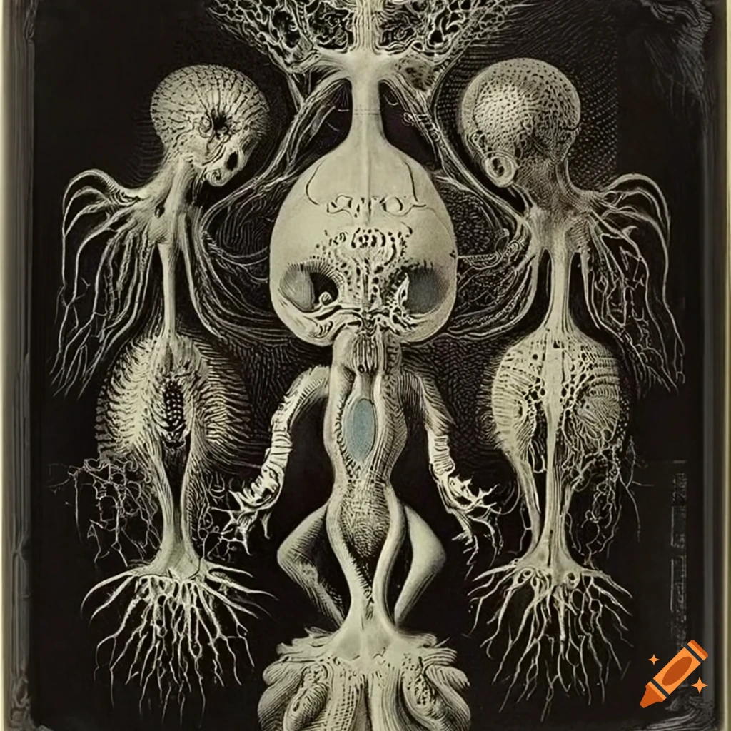 Vintage artwork of alien soul anatomy inspired by haeckel on Craiyon