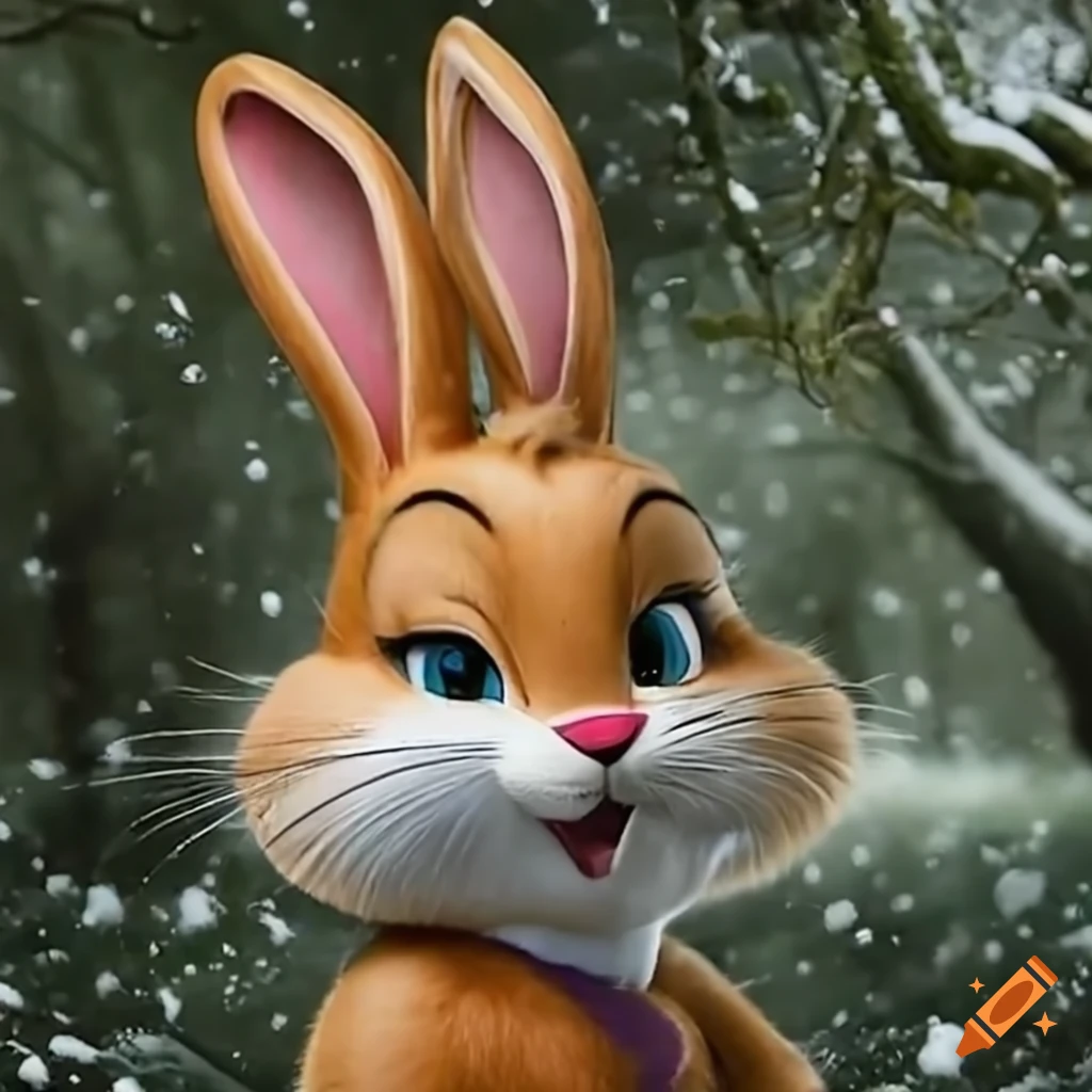 Lola Bunny as a realistic CGI rabbit in snowy woods cave on Craiyon