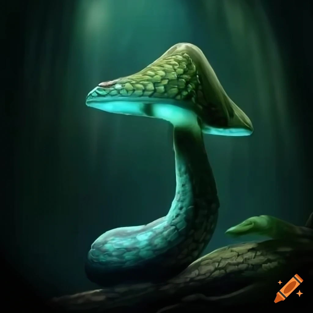 Fantasy vampire mushroom lightning snake in a lush tropical forest on ...
