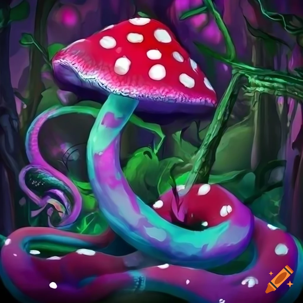Fantasy vampire mushroom lightning snake in lush tropical forest on Craiyon