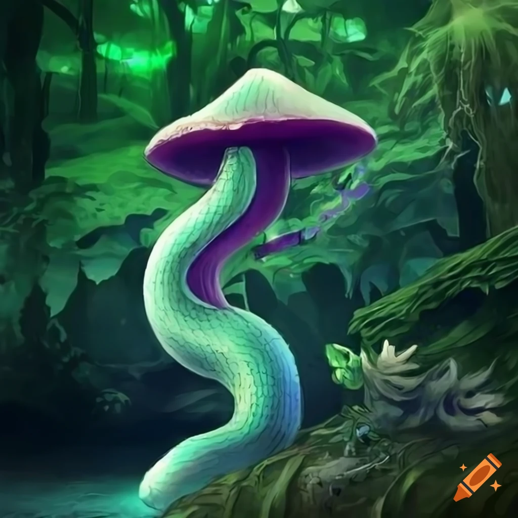 Fantasy vampire mushroom lightning snake in a lush tropical forest on ...