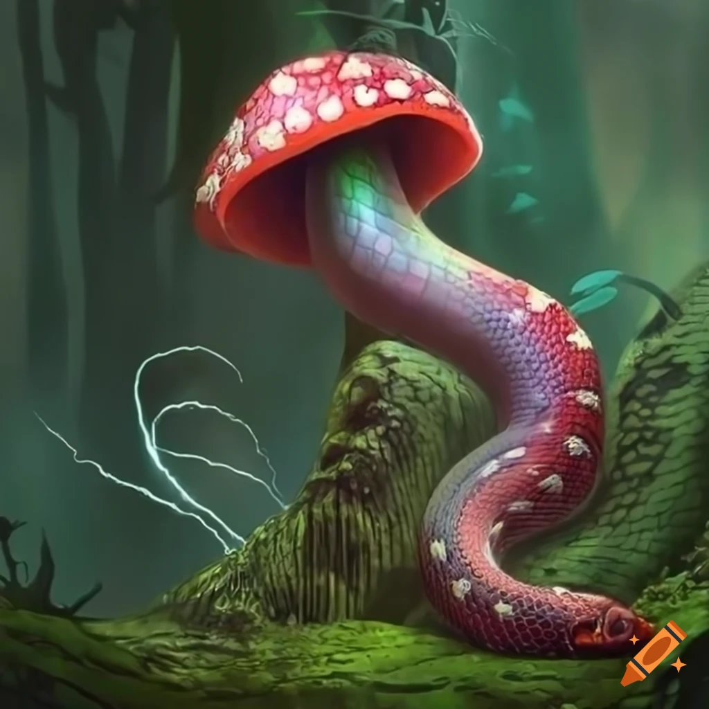 Fantasy vampire mushroom lightning snake in lush tropical forest on Craiyon