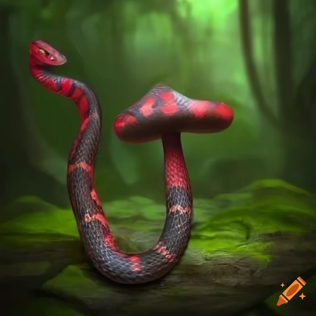Fantasy vampire mushroom lightning snake in a lush tropical forest on ...