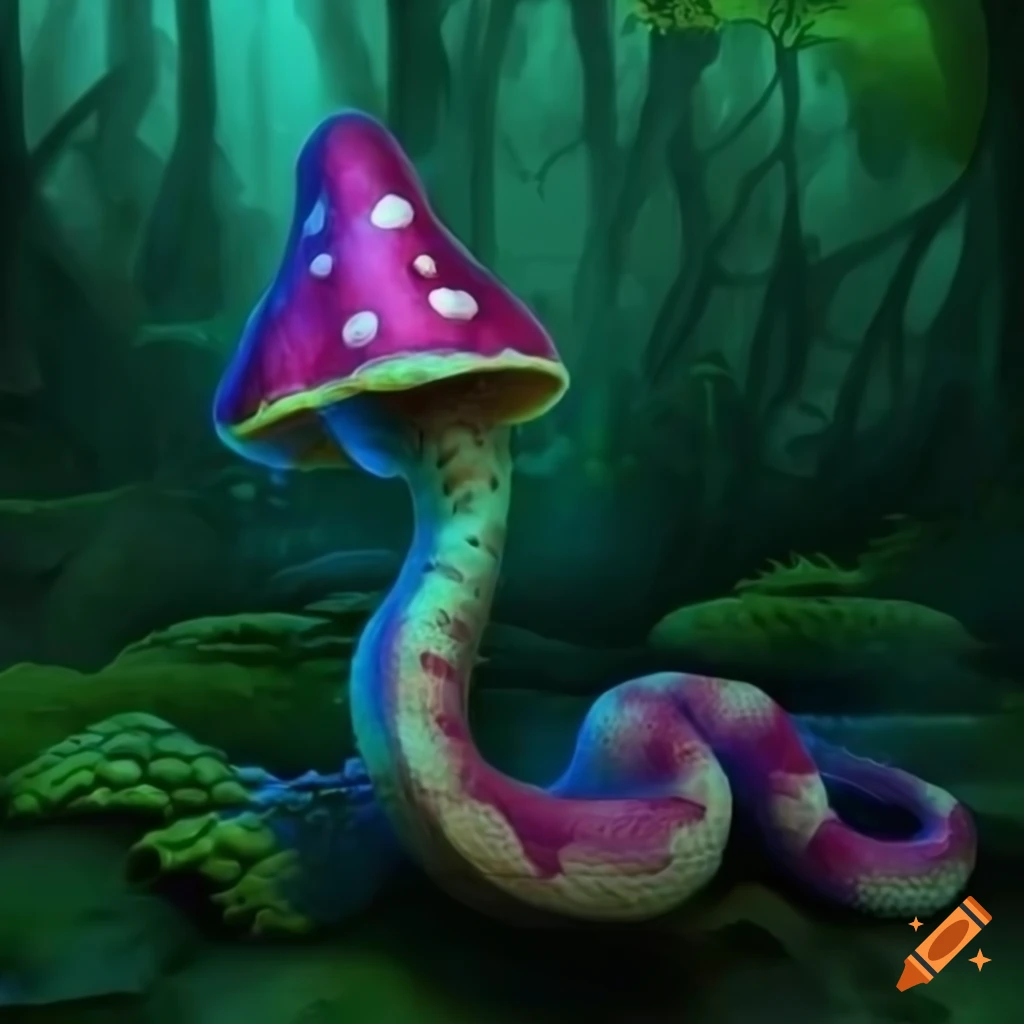 Fantasy vampire mushroom lightning snake in a lush tropical forest on ...
