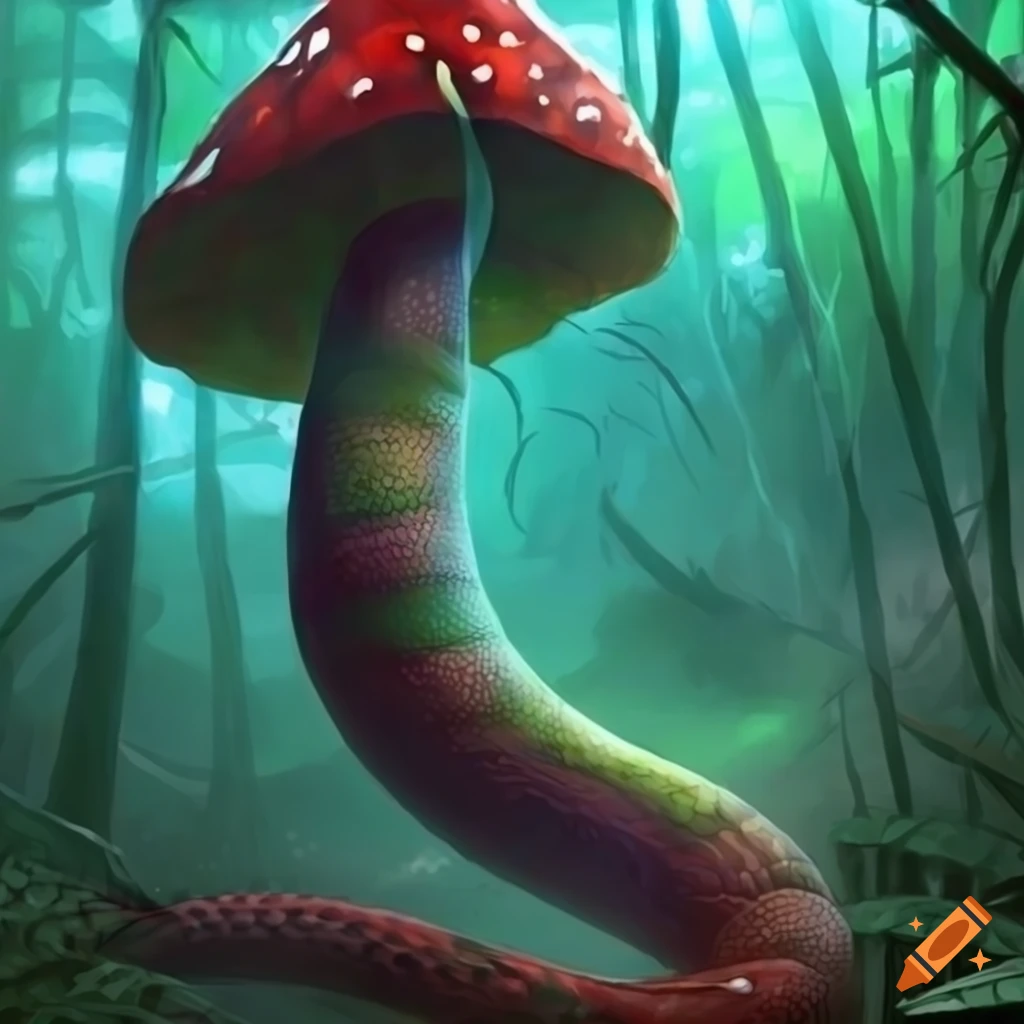 Fantasy vampire mushroom lightning snake in a lush tropical forest on ...
