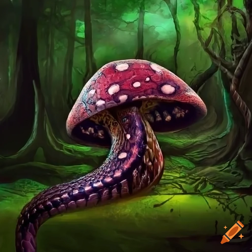 Fantasy vampire mushroom lightning snake in lush tropical forest on Craiyon