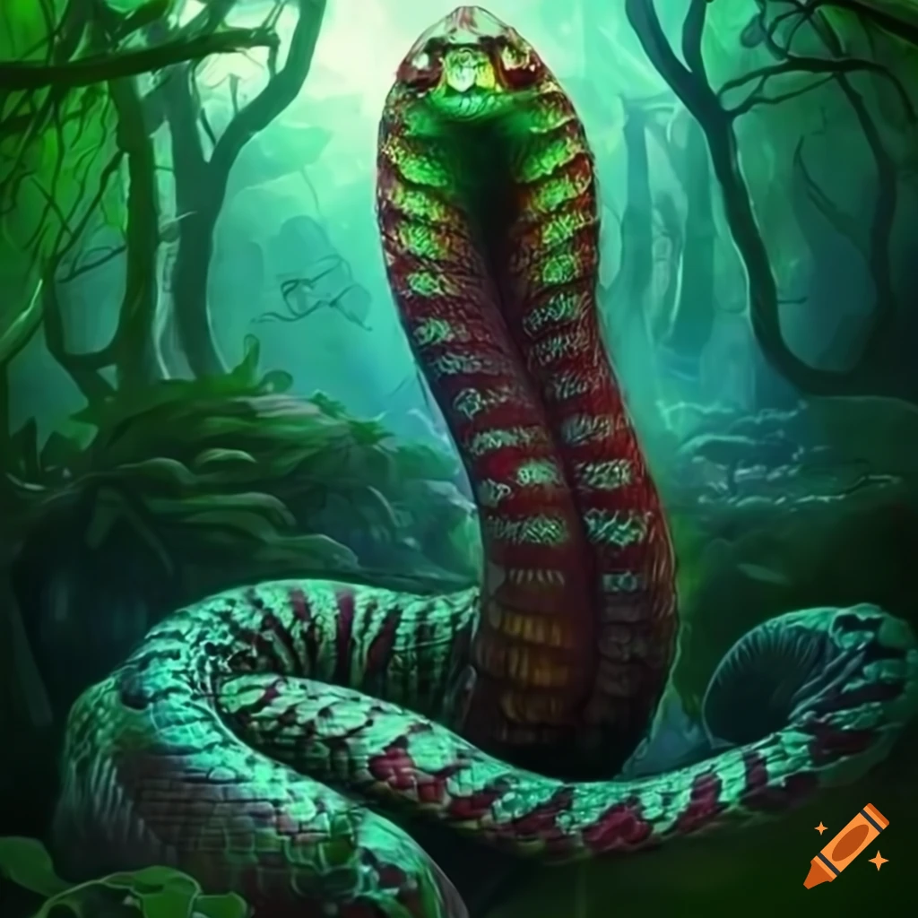 Fantasy vampire mushroom lightning snake in a lush tropical forest on ...
