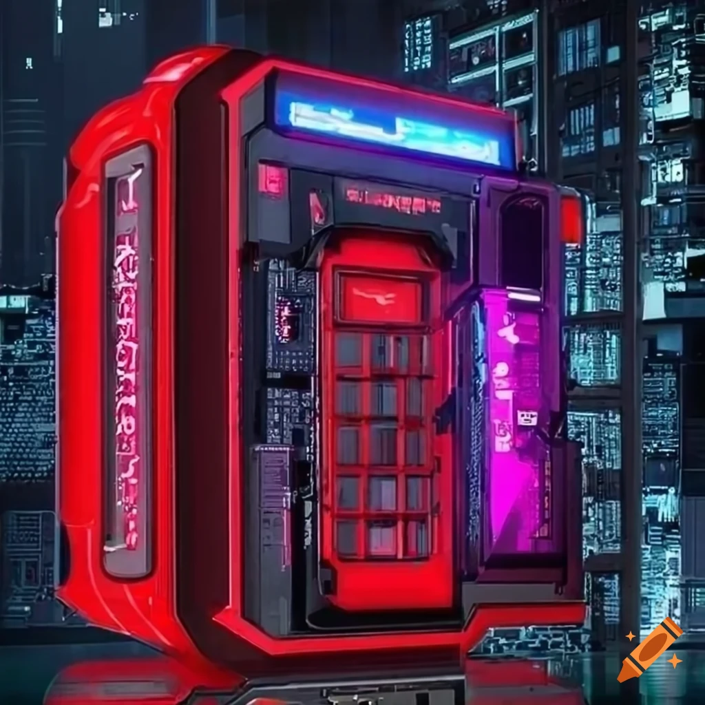 Red phone cabine in a cyberpunk cityscape with AMD GPU on Craiyon
