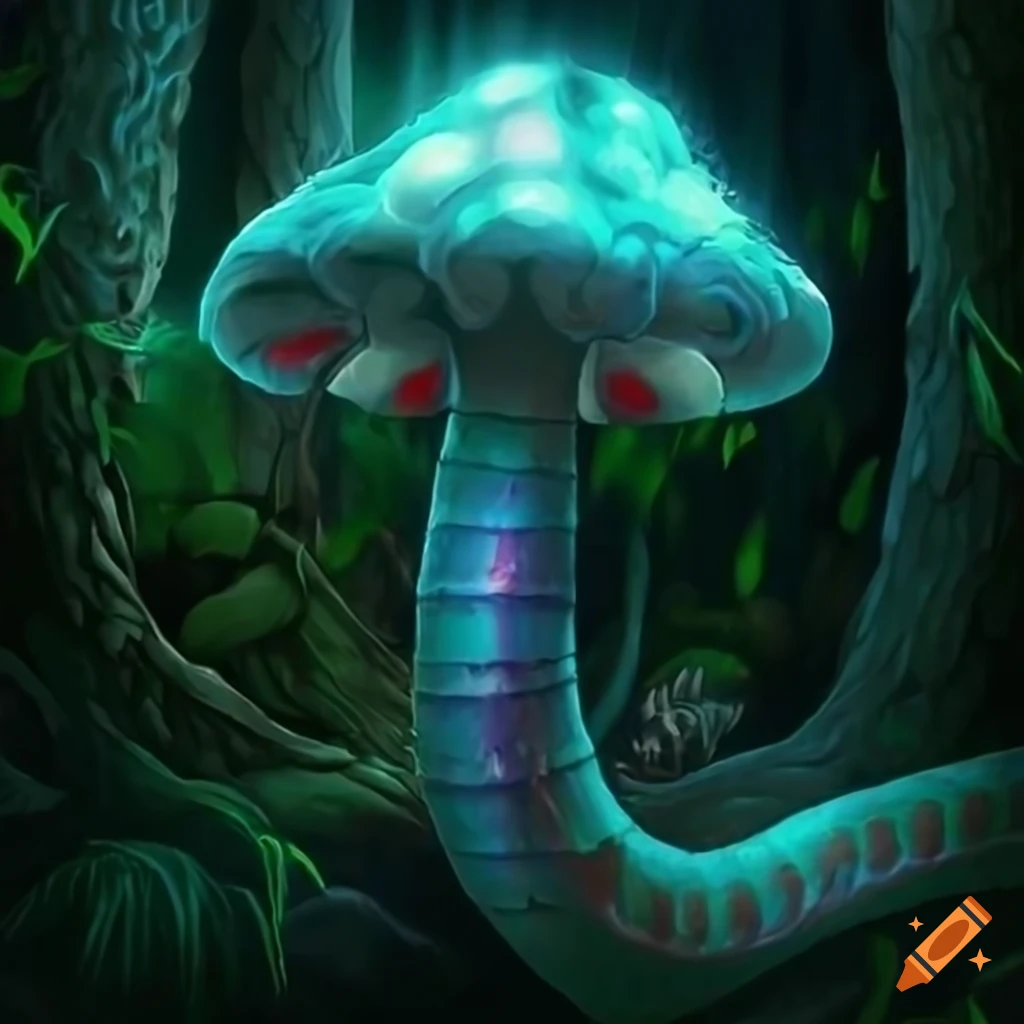 Fantasy vampire mushroom lightning snake in a lush tropical forest on ...