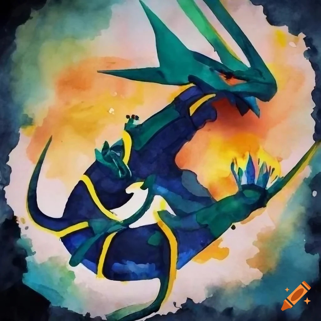 High detail wide angle watercolor illustration of rayquaza on Craiyon