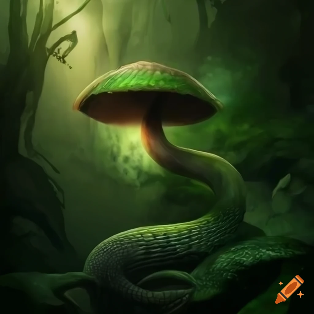 Fantasy vampire mushroom lightning snake in lush tropical forest on Craiyon