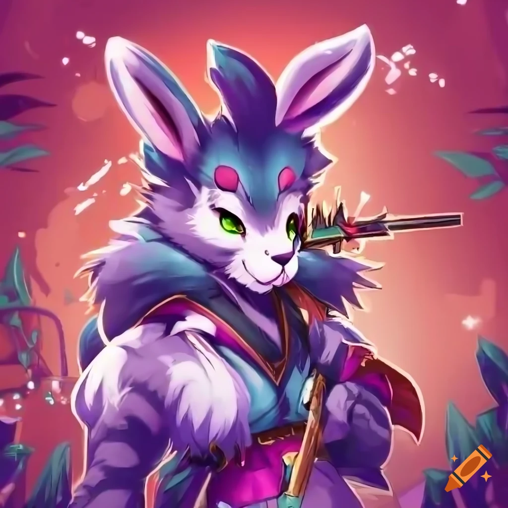 Fantastical anthro rabbit chinchilla hybrid rōnin in ethereal anime ...