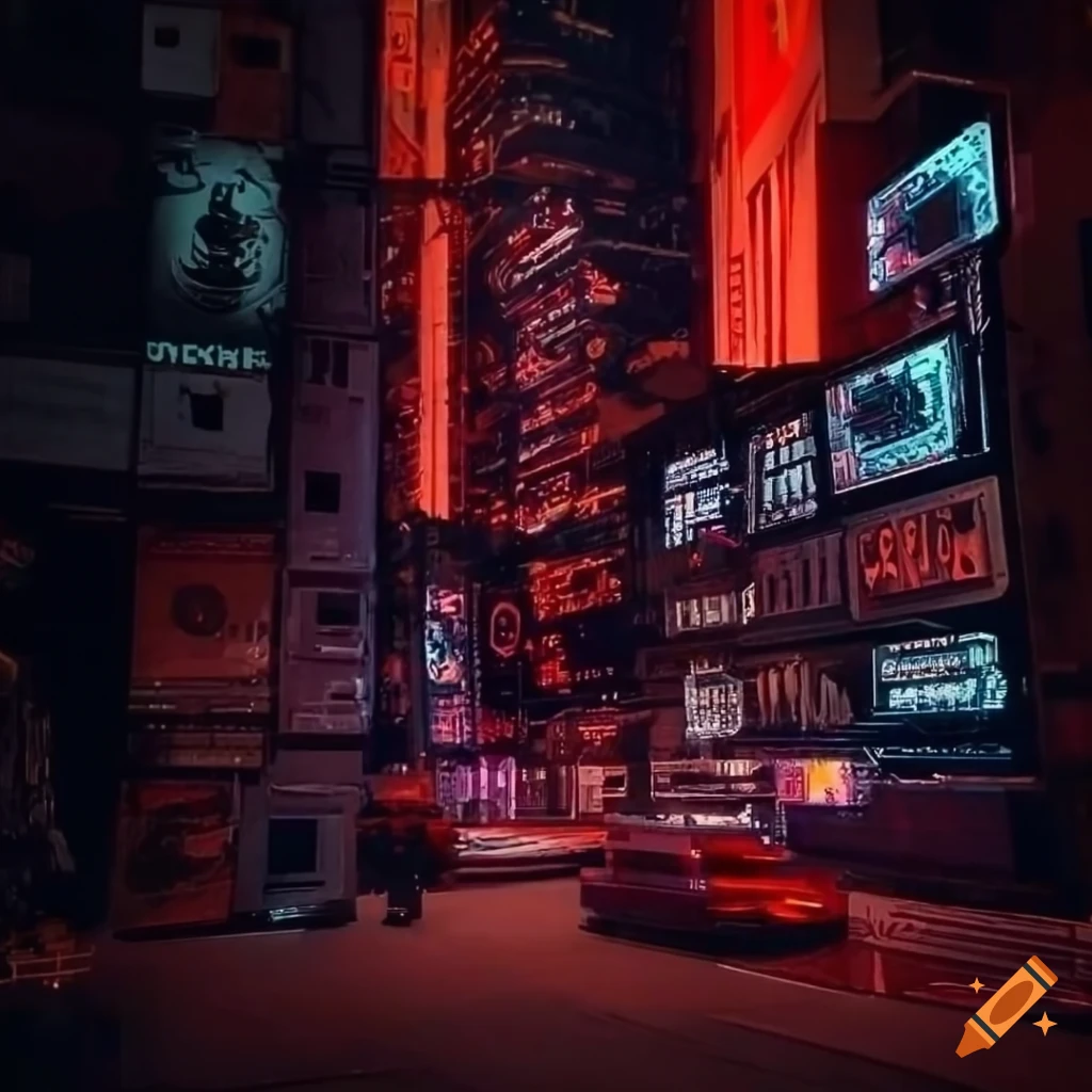 Red phone cabine in a cyberpunk cityscape with AMD GPU on Craiyon