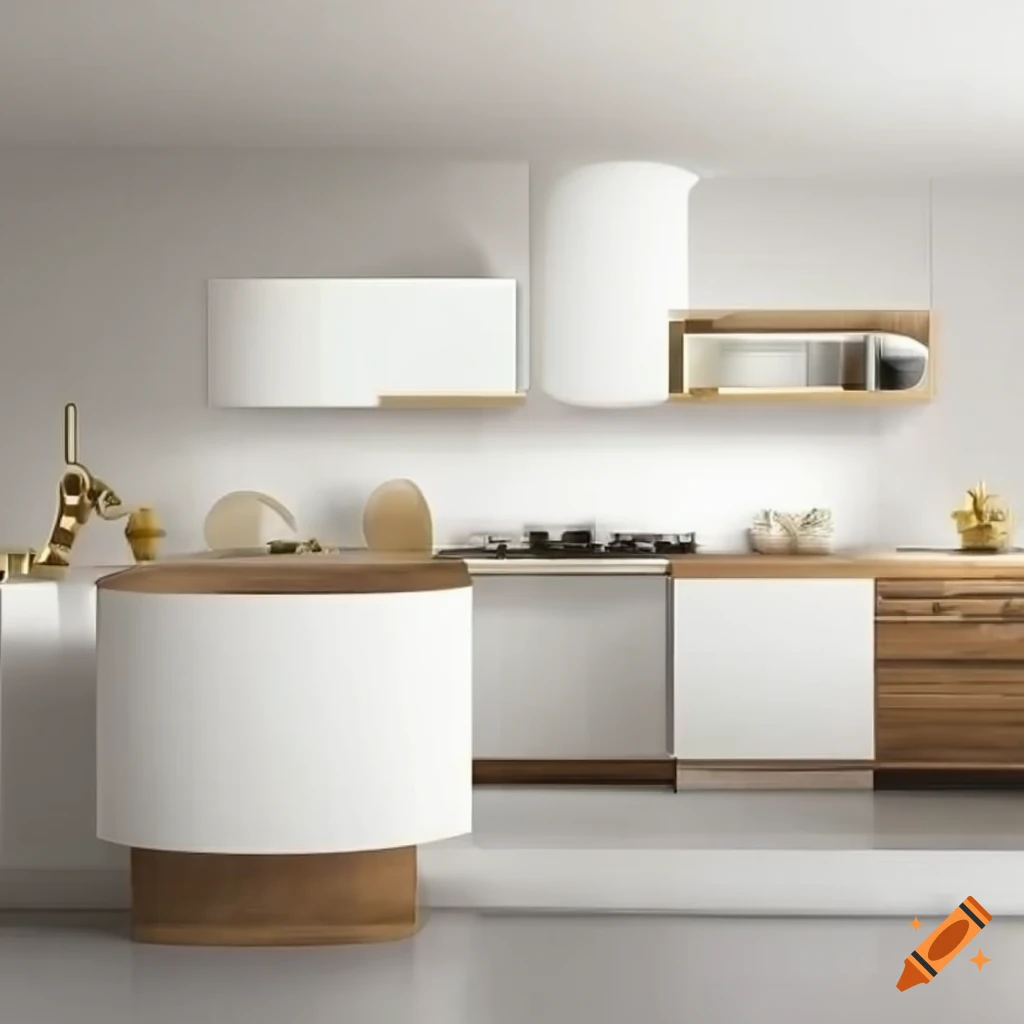 Unique asymmetric kitchen design with organic shapes in white, acacia ...