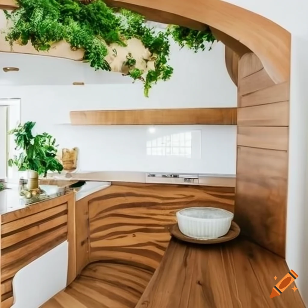 Creative white kitchen interior with organic shapes, acacia wood and ...