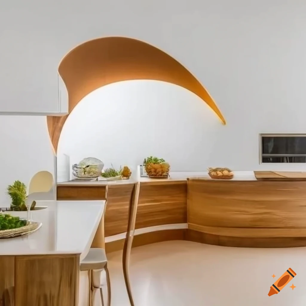 Creative white kitchen with organic curves and rustic rock walls on Craiyon