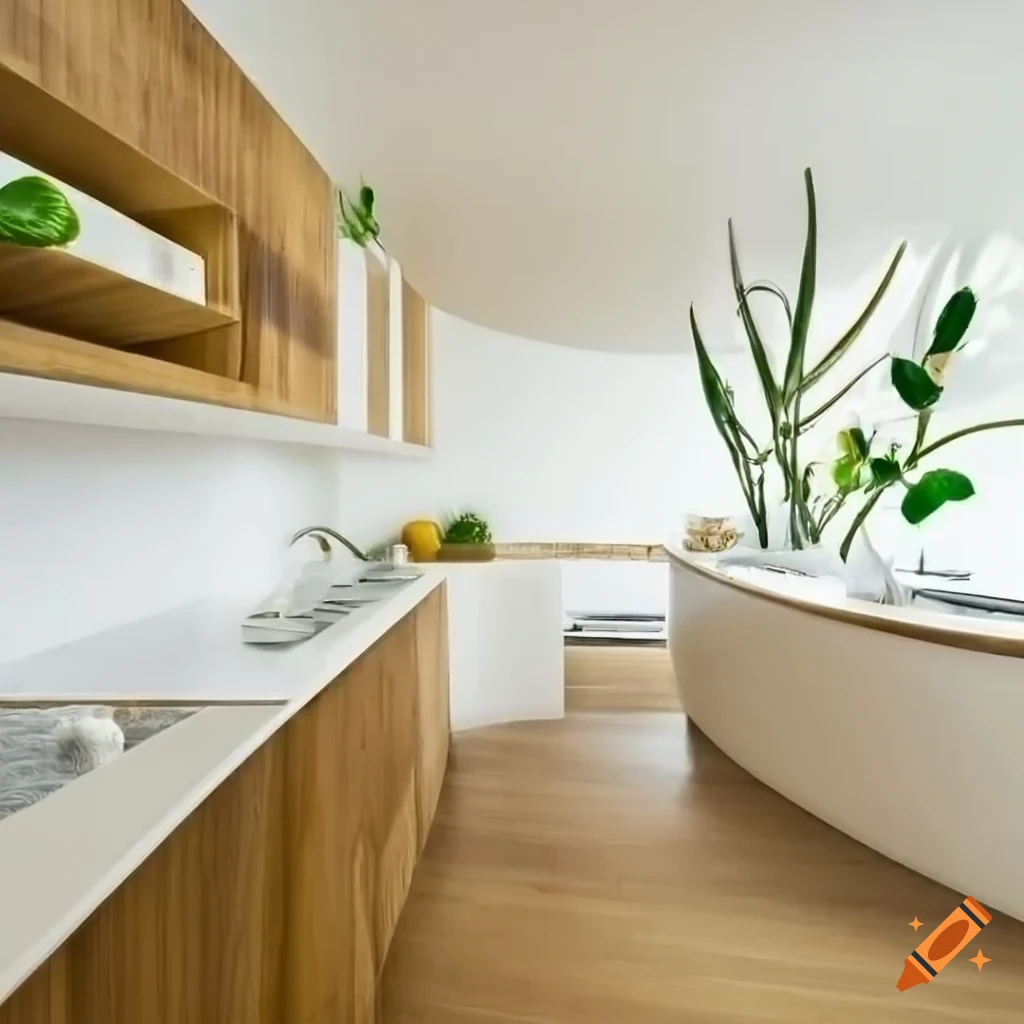 Interior view of a creative asymmetric kitchen with organic shapes and ...
