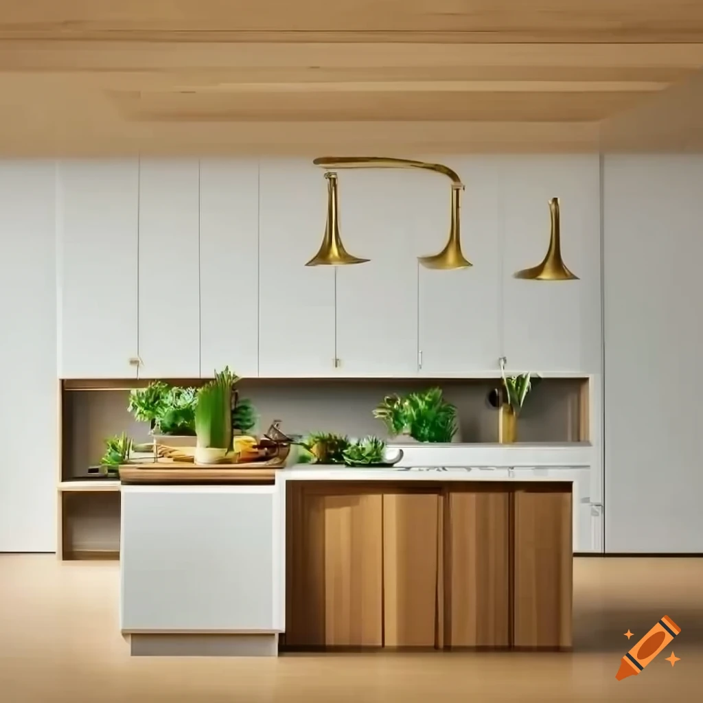 Interior view of a creative asymmetric kitchen with organic shapes and ...