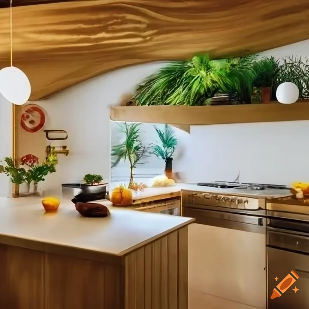 Asymmetric open plan kitchen with organic curves and rustic stone wall ...