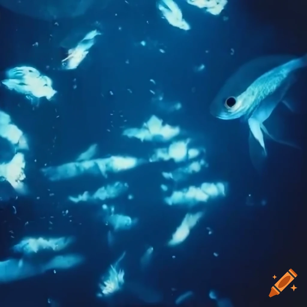 Ethereal fish sequence with cyanotype aesthetics on vhs on Craiyon