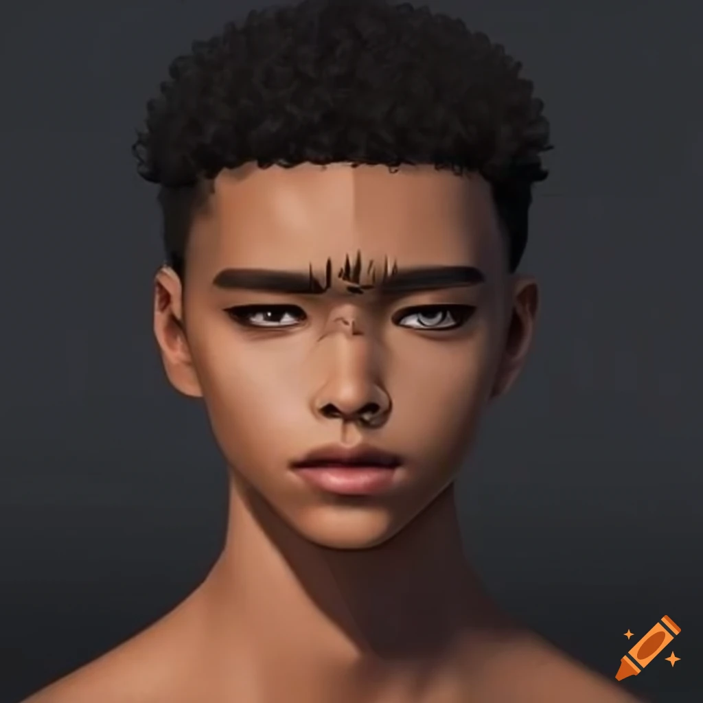 Japanese Anime Inspired Male Character With Dark Brown Skin And Black