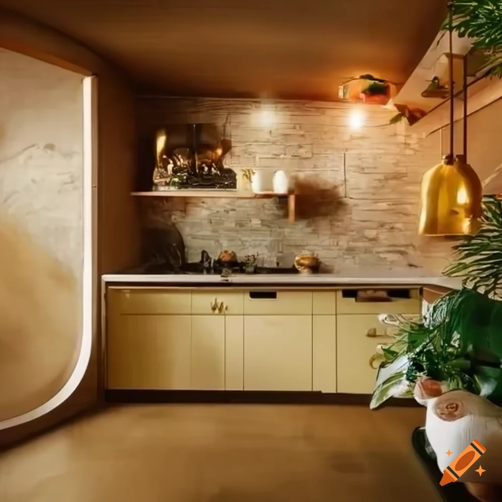 Asymmetric open plan kitchen with organic curves and retro neon lights ...